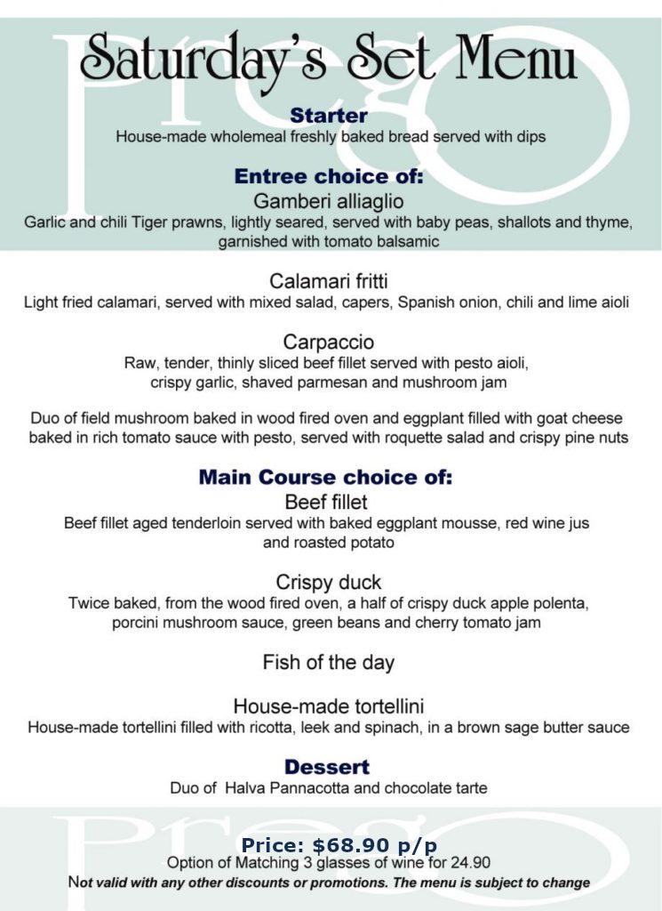 Saturday’s Set Menu | Prego Restaurant - Italian Restaurant Perth