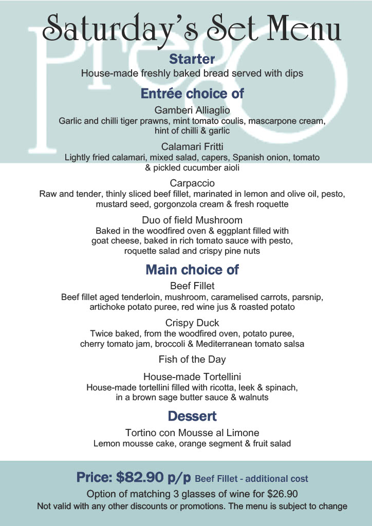 Saturday’s Set Menu | Prego Restaurant - Italian Restaurant Perth